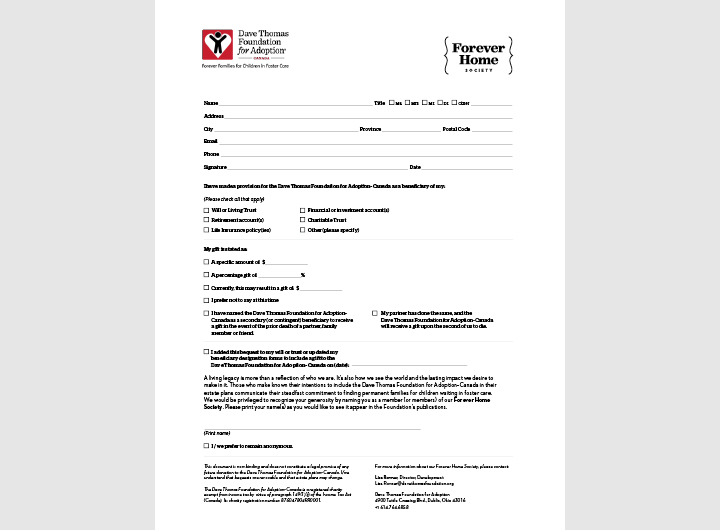 Planned Gift of Record Form | Dave Thomas Foundation for Adoption - Canada